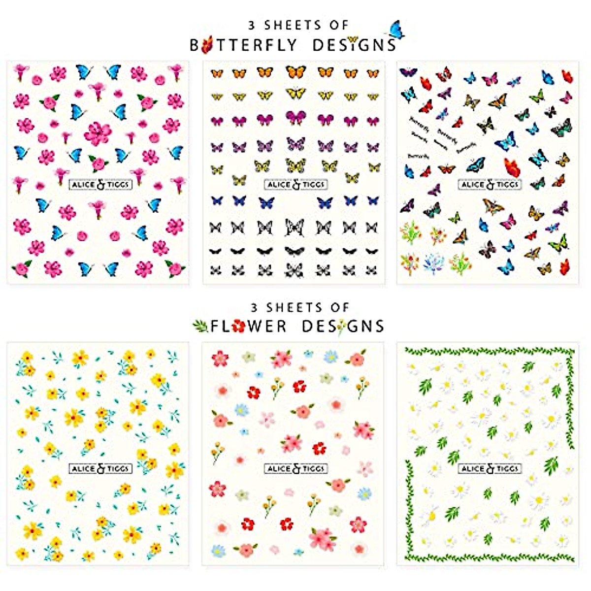 Alice & Tiggs Set of 12 Sheets Nail Art Stickers - Designer Nail Decals - Butterfly Nail Stickers for Women - Nail Stickers for Kids - Butterfly Nail Decals - Nail Sticker for Nail Decor