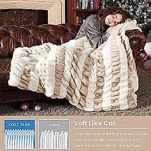 Cozy Bliss Luxury Soft Fuzzy Faux Fur Throw Blanket for Couch, Warm Milky Plush Striped Blanket for Sofa, Furry Thick Fluffy Cozy Shaggy Blanket for Women Living Room Bedroom, 50 * 70 Inches Beige