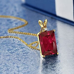 Gem Stone King 18K Yellow Gold Plated Silver Red Created Ruby Pendant Necklace For Women (5.02 Cttw, Gemstone July Birthstone, Emerald Cut 14X10MM, with 18 Inch Silver Chain)