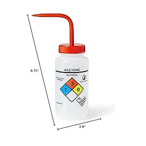 United Scientific™ UniSafe™ Wash Bottle for Acetone, 500mL - Labeled with Color Coded Chemical & Safety Information (4 Colors) - Wide Mouth, Self Venting, Low Density Polyethylene