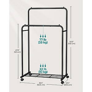 SONGMICS Double Rods Clothes Rack with Wheels, Clothing Rack for Hanging Clothes, Heavy Duty Garment Rack with Mesh Storage Shelf, 2 Brakes, Each Top Rail Holds up to 77 lb, Black UHSR26BKV1