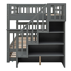 Full Over Full Bunk Beds with Stairs and Trundle Wood Bunk Bed Frame with Staircase and Storage Shelves for Kids Teens Adult, Detachable Stairway Bunkbed for Boys Girls, Gray