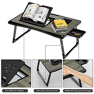 Lap Desk for Adults, Saviki Serving Laptop Bed Tray Breakfast with Folding Legs, MDF Bed Table with Cup Holder, Bed Desk Notebook Stand with Top Storage Drawer, Students Desk/Game Table (Gray)