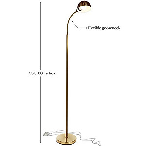 Brightech Regent LED Floor Lamp, Free Standing Corner Pole Light with Adjustable Gooseneck, Tall Bright Skinny Lamp for Office Desk, Living Room Sofa or Chair - Brass / Gold