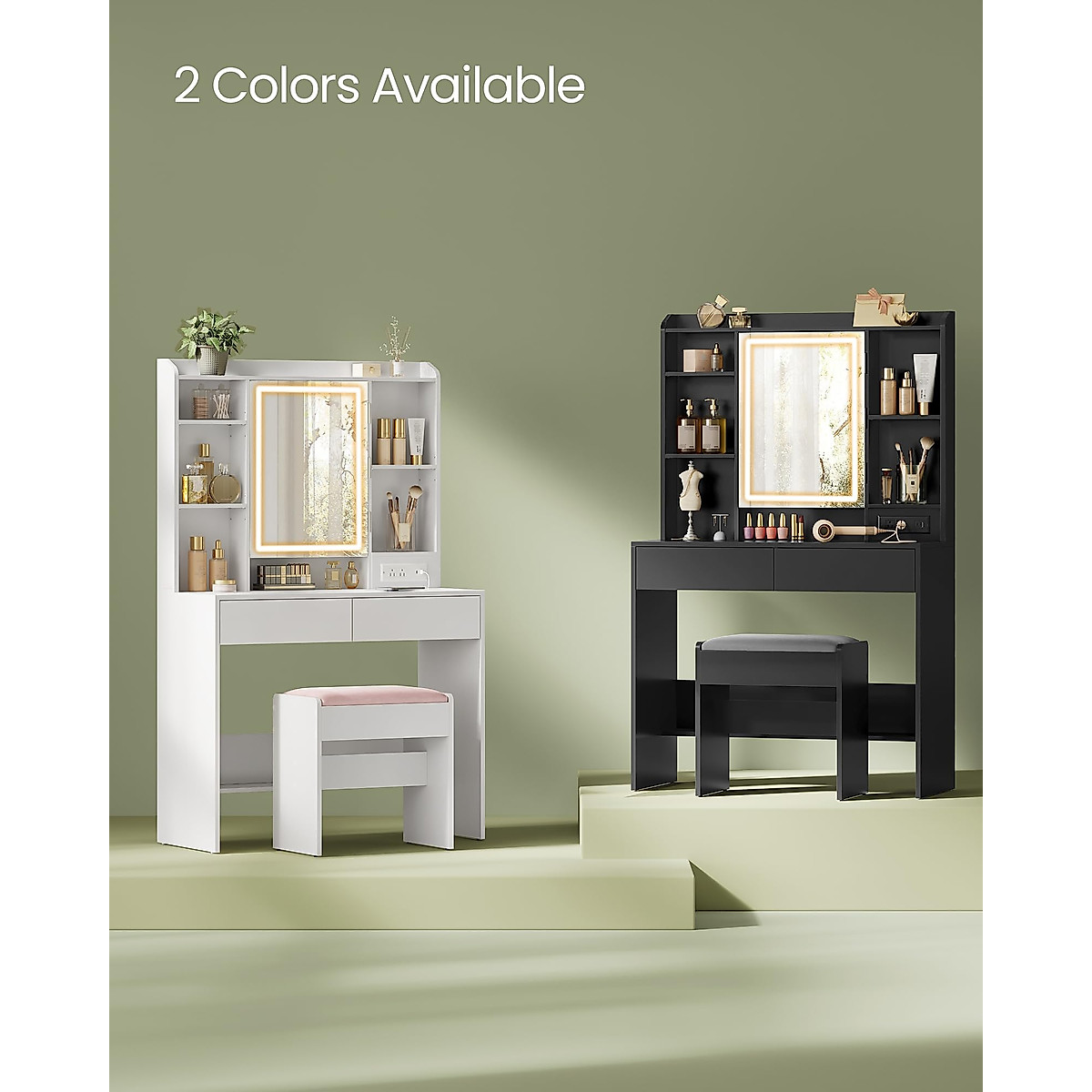 VASAGLE Vanity Desk with Power Outlets, Makeup Vanity with Mirror and Lights, Upholstered Vanity Stool, Dimmable LED Lights, 6 Compartments, 2 Drawers, for Bedroom, Ink Black URDT031B01