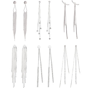 FINZOR 6 Pairs Long Tassel Dangle Drop Earrings for Women Punk Sleek Metal Chain Earrings Wedding Bridesmaid Jewelry（Silver）