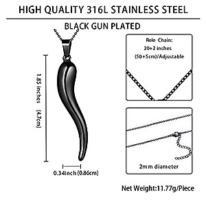 Hipunk Italian Horn Necklace Women Men - Lucky Cornicello Talisman Pendant 316L Stainless Steel Black Gun Plated Protection Amulet Chili Pepper Jewelry SP0064B