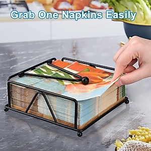 MOLEDINO Flat Napkin Holder for Kitchen Dining Table, Metal Black Napkin Holder with Weighted Arm Modern Sturdy Cast Iron Cocktail Bar Luncheon Beverage Napkin Holder Wooden Base Outdoor Picnic Party