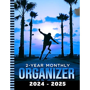2-Year Monthly Organizer 2024-2025: 8.5x11 Large Dated Monthly Schedule With 100 Blank College-Ruled Paper Combo / 24-Month Life Organizing Gift / Skateboarder Skateboarding on Blue Beach Art Cover