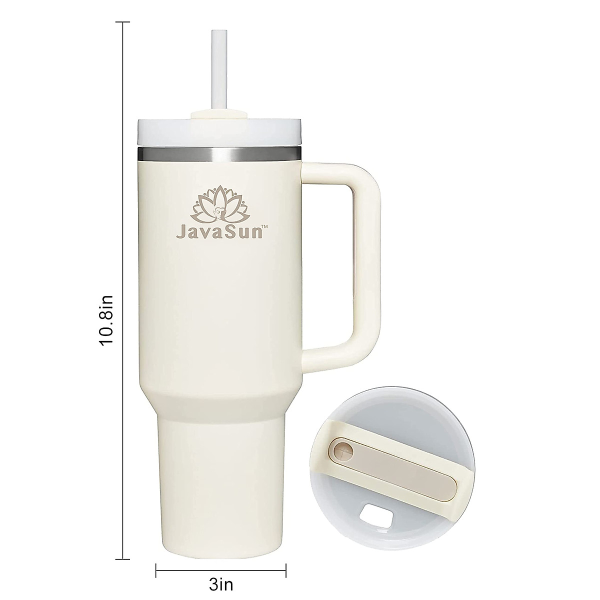 JavaSun 40 oz Tumbler with Handle and Straw Lid, Quencher H2.0 Flow, Stainless Steel Insulated Tumbler Water Bottles, Travel Mug for Hot and Cold for Water, Iced Tea or Coffee (Light Cream)