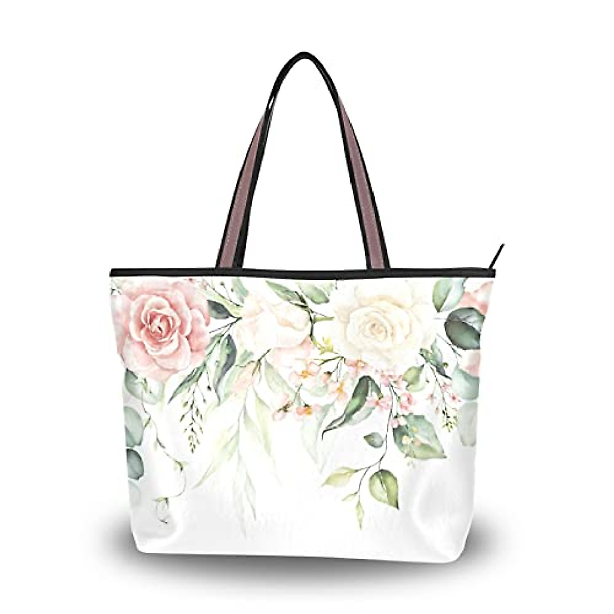 Bolaz Tote Bag with Zipper Women Pink & White Rose Flower Floral Handbags Pockets Shoulder Bag Work Large Office