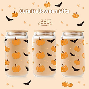 Halloween Pumpkins & Bats Glass Cup with Fall Silicone Straw Covers, Cute Halloween Gifts for Her – 16 oz Iced Coffee Tumbler with Lid & Straw, Spooky Boo Basket Stuffers Items for Women