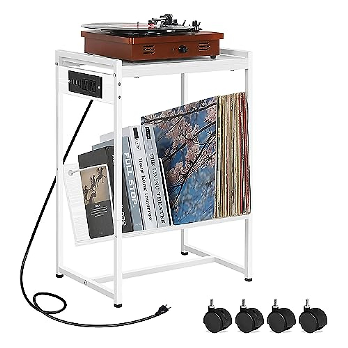 Record Player Stand with Vinyl Storage Night Stand with Power Outlets Vinyl Record Storage Stand On Wheels White Turntable Stand for Living Room Bedroom, Large Capacity, White