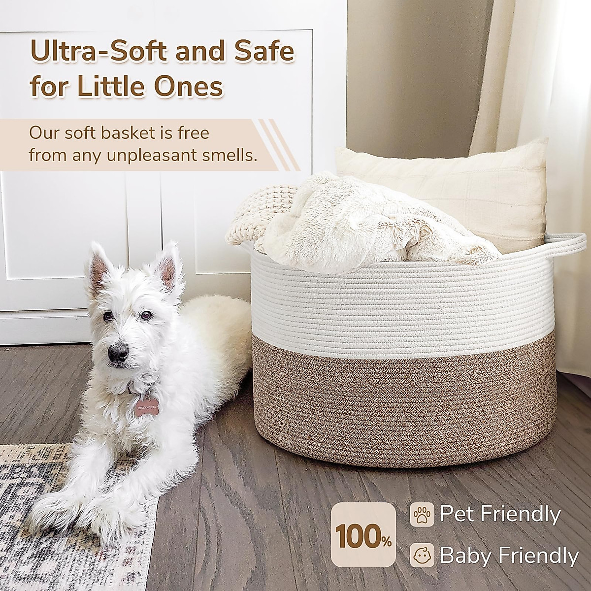 INDRESSME XXXLarge Cotton Rope Basket 21.7" x 21.7" x 13.8" Woven Baby Laundry Blanket Basket Toy Basket with Handle Storage Comforter Cushions Thread Laundry Hamper