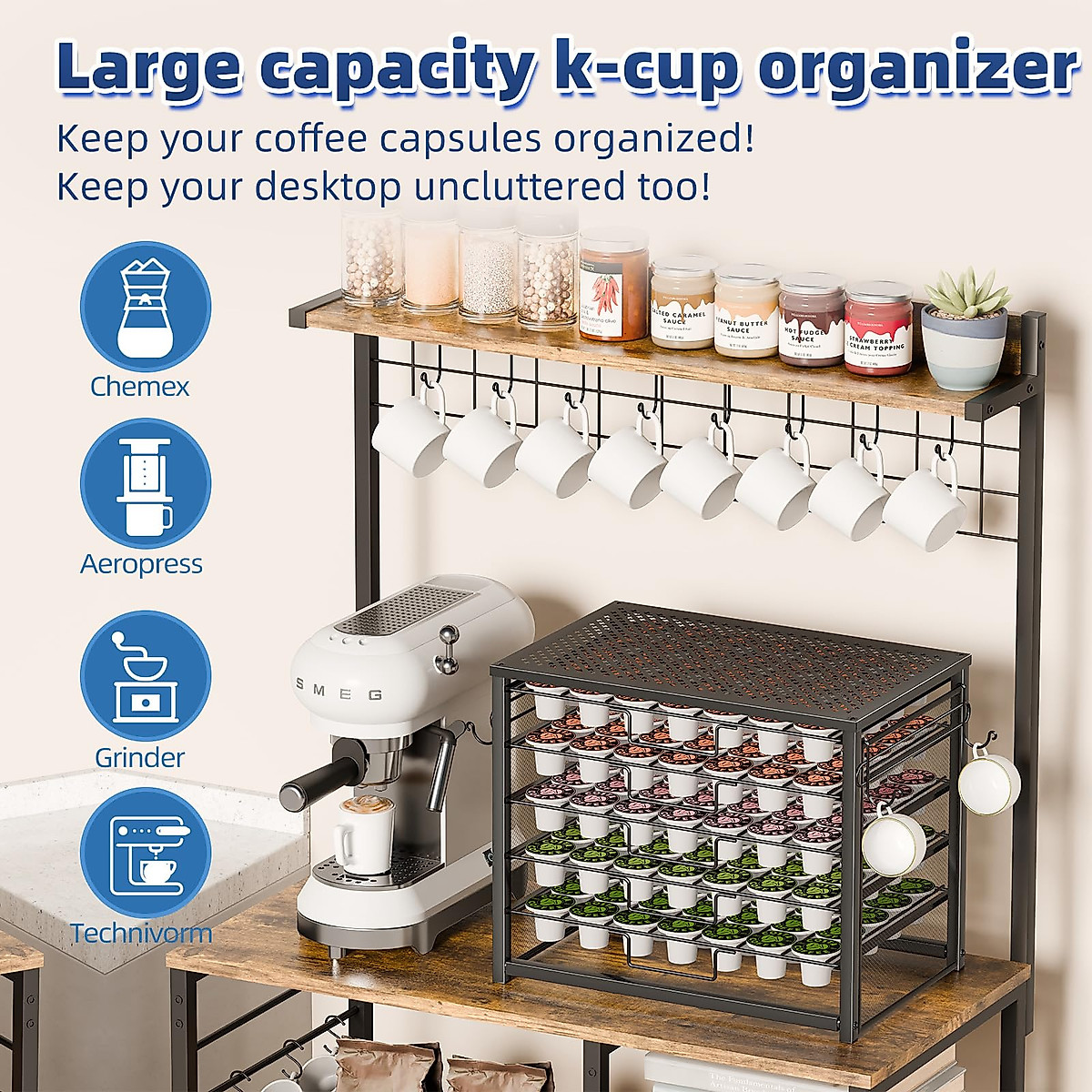 Simple Trending 5-Tier Coffee Pod Holder for K-Cup, 160 Pod Pack Capacity Rack with Mug Rack, Metal, Black