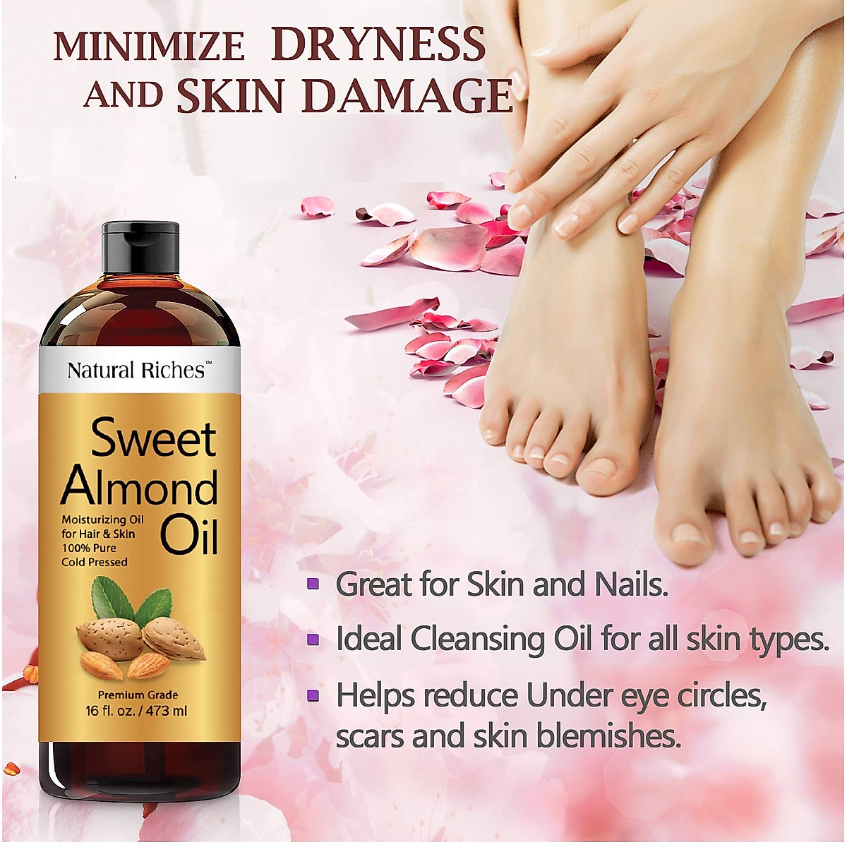 Natural Riches Sweet Almond Oil Cold Pressed, Triple A Grade, Pure and Natural Hexane free Soothing Vitamin E Oil for Skin, Facial Polish, Full Body Massages, Made in USA 16 FL oz.