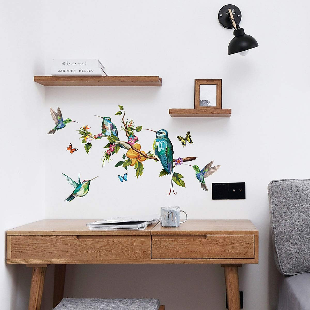 Amaonm Removable 3D DIY Colofrful Flying Birds on The Tree Branches Wall Decals Flower Floral Wall Sticker Peel and Stick Decor for Kids Babys Boys Girls Bedroom Nursery Room Living Room (Kingfisher)