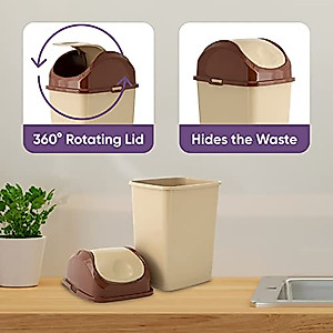Superio Mini Plastic Trash Can with Swing Top Lid 1.25 Gallon Compact Small Waste Bin Portable Garbage Can for Countertop, Desktop, Make up Vanity, Bathroom, Car, Under Sink, Dorm, 5 Quart (Beige/Brown, 3)