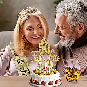 Juesly 50th Birthday Gifts for Women with 15oz Wine Glass, 50th Birthday Crown, Sash, Cake Topper and Candles, 50 Year Old Birthday Decorations 50th Birthday Gifts Idea