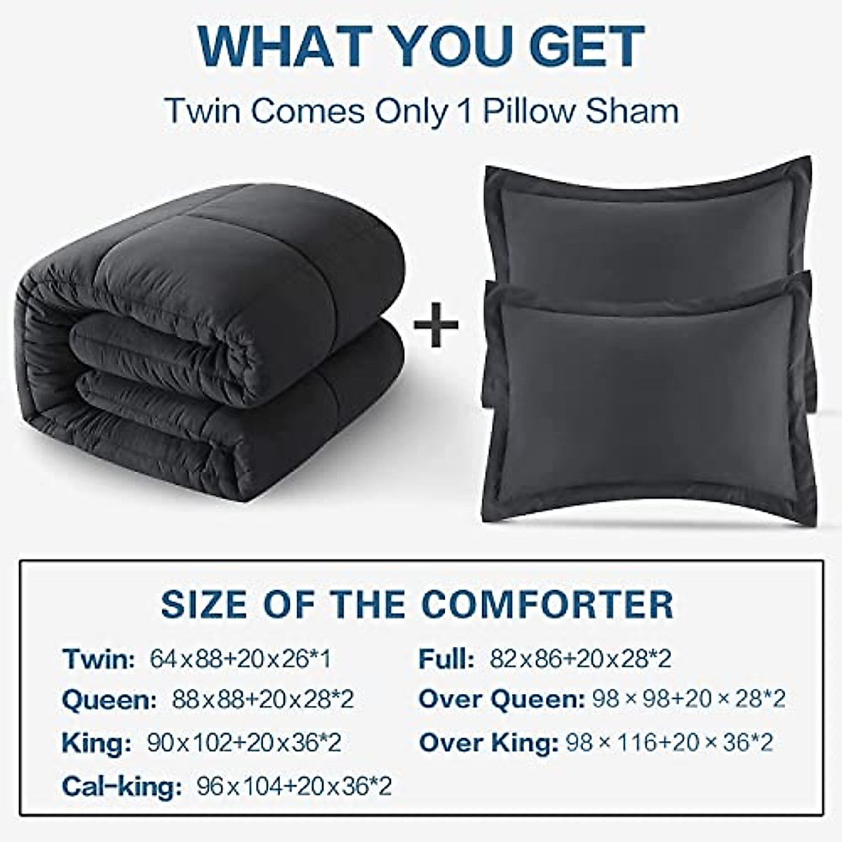 BEDHOURS Queen Comforter Set-3 Pieces Cooling Down Alternative Queen Size-All Season Reversible Comforter with 2 Pillow Sham (Dark Grey Queen)