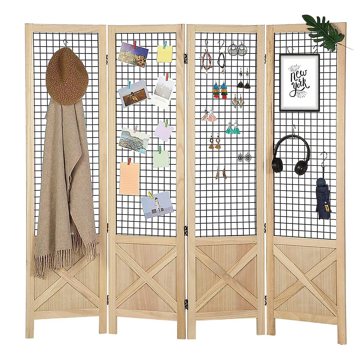 Wnutrees 4 Panel Gridwall Display, Portable Freestanding Display Board for Craft/Art Shows, Retail, Events, Decorative Wood Room Divider Folding Screens, Natural