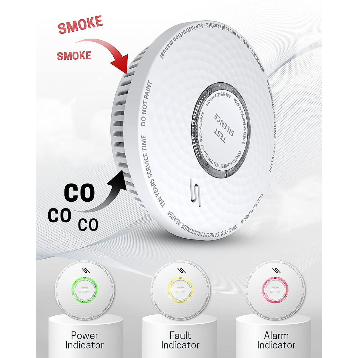 Ecoey 10-Year Smoke and Carbon Monoxide Detector, Dual Sensor Smoke CO Alarm with Built-in Battery and Silence Function,FJ183-A,4 Packs