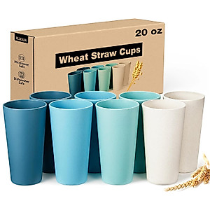 Hlukana Wheat Straw Cups Set of 8, 20 oz Unbreakable Drinking Cup, Chip Resistant Cups, Reusable Water Cup Set, Large Cups for Kitchen, Camping, BPA Free Cups, Dishwasher & Microwave Safe Tumbler Cups