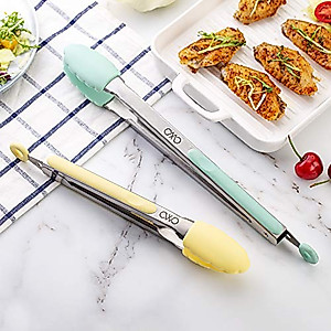 COOK WITH COLOR Food Tongs, Set of Two Cooking Tongs, 9” and 12” Stainless Steel Barbeque Tongs with Silicone Tips for Non Stick Cookware, Locking Grill Tongs (Lemon Collection)