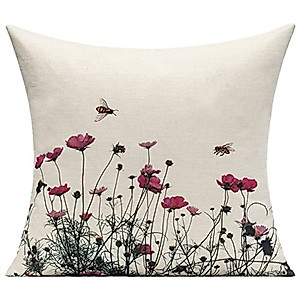 Outdoor Spring Flowers Throw Pillow Covers Patio furniture Bee Butterfly Dragonfly Boho Decorative Cushion Cases Garden Herb Ladybug Dandelion Decoration for Bench Porch Couch 16x16 Inches Set of 4