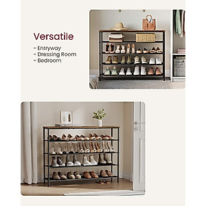 VASAGLE Shoe Rack 5 Tier, Narrow Shoe Organizer for Closet Entryway, with 4 Fabric Shelves and Top for Bags, Shoe Shelf, Steel Frame, Industrial, Rustic Brown and Black ULBS136B01