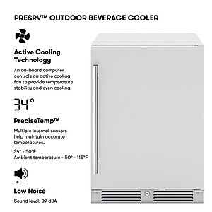 Zephyr Presrv 24 Inch Outdoor Wine Fridge & Beverage Refrigerator Single Zone Under Counter - Drink Chiller Freestanding Stainless Steel Door - 136 cans (Single-Zone Outdoor Wine & Beverage Cooler)