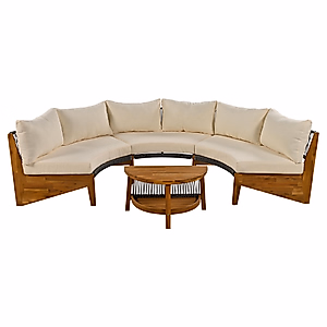 Quarte Outdoor Acacia Wood Round Sofa Set, Half-Moon Sectional Sets with Coffee Table,6-Person Seating Group for Garden, Deck (Beige/Half-Moon*A)