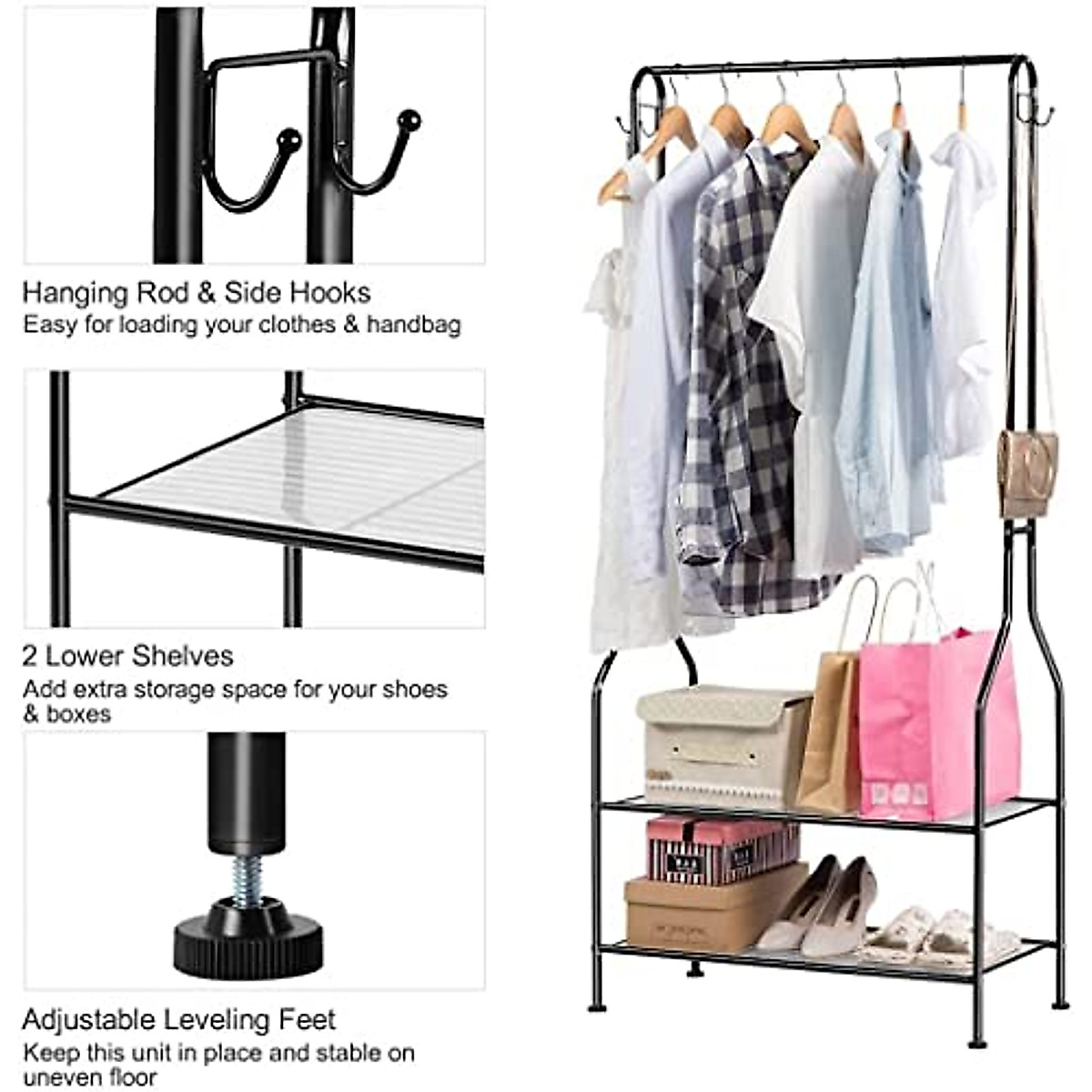 Heavy Duty Commercial Grade Clothing Garment Rack, 2-Tier Entryway Metal Coat Rack and Shoe Bench Storage Stand with Single Rod and 4 Hooks for Home Office Bedroom Max Capacity 66.1lbs, Black