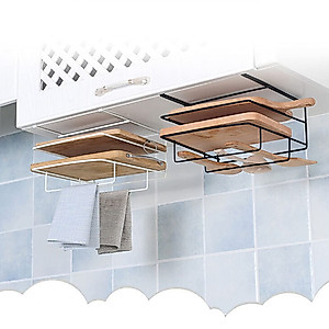 YARNOW 2 Pcs Chopping Board Shelf Under Cabinet Double Layer Pot Lid Rack Holder Punch Free Towel Bar Kitchen Storage Organizer (White)