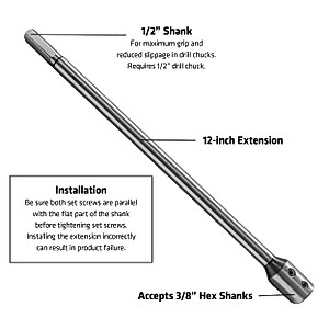 Century Drill & Tool – 38112 12” Ship Auger Extension – Accepts 3/8” Shank, ½” Hex Drive with Extended Reach