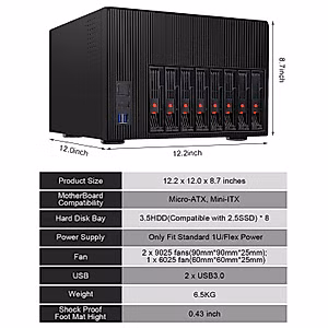 AUDHEID K7 8 Bay NAS Case, Computer Enclosures Compatible Micro-ATX Mini-ITX Motherboard, 3 x Fans, 8 x 2.5/3.5" Tray, Network Attached Storage Server for Home(Diskless)