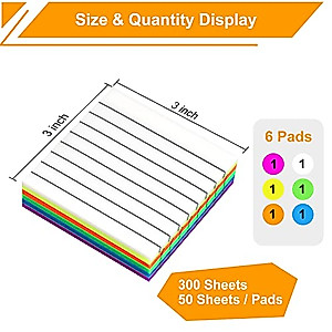 300 Sheets Lined Transparent Sticky Notes, 3x3 Inch 6 Colorful Clear See Through Translucent Self-Adhesive Post Memo Reminder Tabs with Line for Office Woman College School Students Classroom Supplies