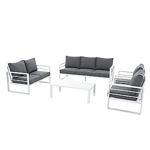 Patiorama Aluminum Patio Furniture Set, 5 PCS Modern Patio Conversation Set, All Weather White Outdoor Sectional Sofa Set w/Coffee Table, Patio Seating Set, Olefin Cushion, Garden-Grey Cushion