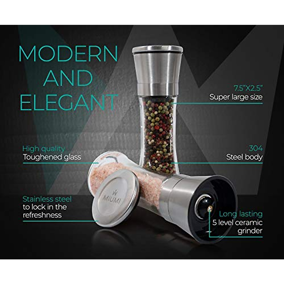 Salt and Pepper Grinder Set Of 2 - Adjustable Ceramic Coarseness, Stainless Steel, Glass Refillable Salt and Pepper Shakers & Mills For Spice, Black Peppercorn, Salt W/Wooden Spoon & Cleaning Brush