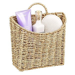 mDesign Woven Seagrass Hanging Wall Storage Basket for Flowers & Essentials, Decorative Boho Mounted Organizer for Pantry, Closet, Bathroom, and The Door - Set of 2 - Natural