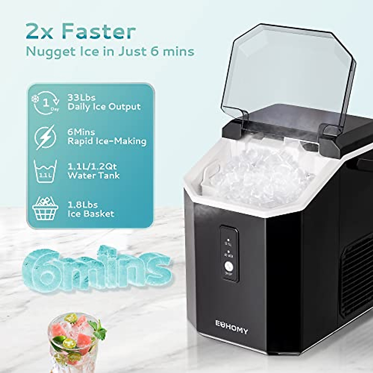 EUHOMY Nugget Ice Maker Countertop with Handle, Ready in 6 Mins, 33lbs/24H, Removable Top Cover, Auto-Cleaning, Portable Pebble Ice Maker with Basket and Scoop, for Home/Party/Camping. (Black)