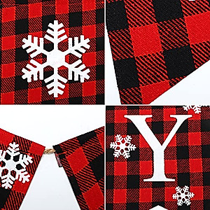 Plaid Christmas Joy Banner Cotton Burlap Christmas Rustic Bunting Banner for Christmas Hanging Decorations (Red)