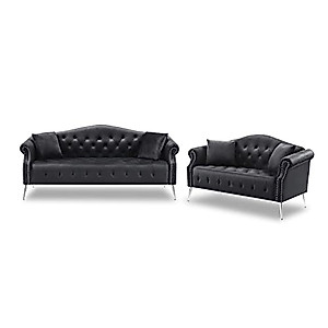 Lepfun Chesterfield Velvet Sofa Classic Loveseat Contemporary Upholstered Couch Button Tufted Nailhead Trimming Curved Backrest Rolled Arms with Silver Metal Legs Living Room,4 Pillows Included,Black