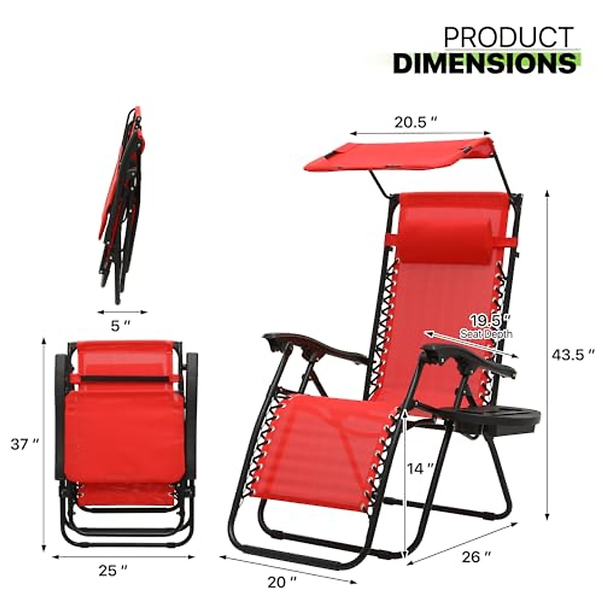 Magshion Zero Gravity Chair with Canopy Set of 2, Reclining Outdoor Patio Lounge Chair, Folding Anti Gravity Recliner, Portable Lounger with Removable Cup Holder Side Tray and Pillow Headrest (Red)
