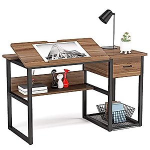 Tribesigns Drafting Table with Storage Drawers, Drawing Computer Desk Artist Craft Table Painting Desk Workstation with Shelves and Tiltable Tabletop for Students, Home Office