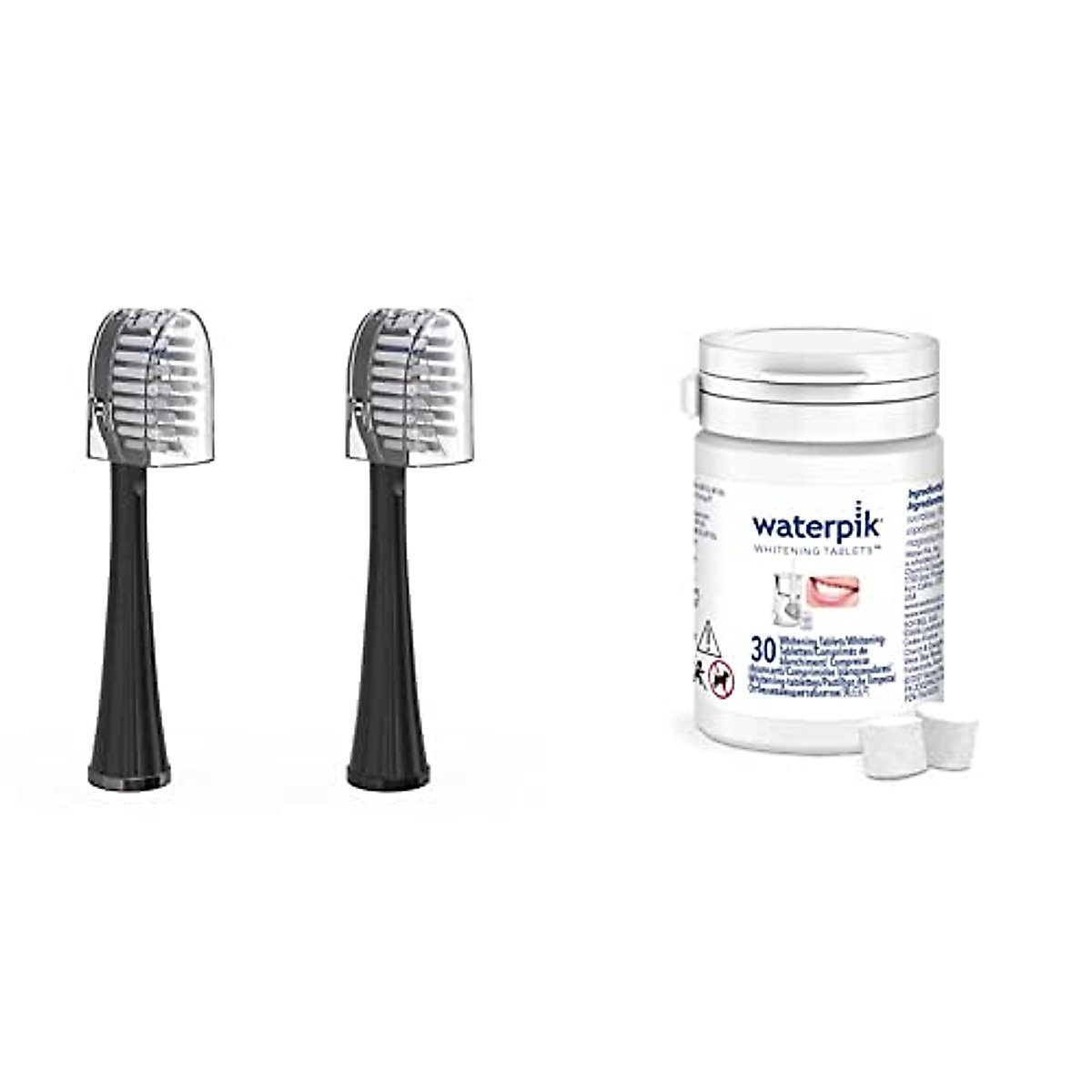 Waterpik Full Size Replacement Brush Heads with Covers for Toothbrush SFFB-2EB, 2 Count Black & Whitening Water Flosser Refill Tablets (30 Count) - Only for The Whitening Flosser
