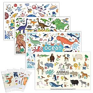 Disposable Placemats for Baby, Maliton Kids Placemats for Dining Table, Restaurants, Travel, 12" x 18" Baby Place Mats with 4 Designs, 28 Pack Waterproof Stick-On Mats for Toddler(Individual Package)