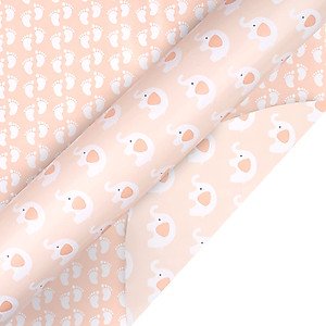 LeZakaa Reversible Pink Baby Shower Wrapping Paper Roll, Elephant & Footprint in Pink for Baby Shower, Baby Girl's 1st Birthday, Newborn Party, Mini Roll, 17 inches x 32.8 Feet