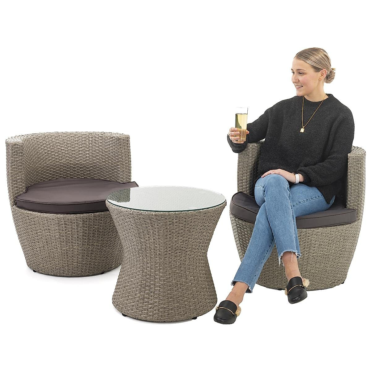 Displays2go Synthetic Wicker Outdoor Furniture Set, Three Piece, Weather-Resistant, Stackable - Taupe (FDOUTDOOR1)