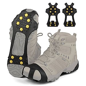 Ice Cleats Snow Traction Cleats for Shoes and Boots Lightweight Yellow Stainless Steel Non-Slip 10 Spikes for Men and Women, Crampon for Walking on Ice and Snow Mountaineering Ice Fishing (1 pair)